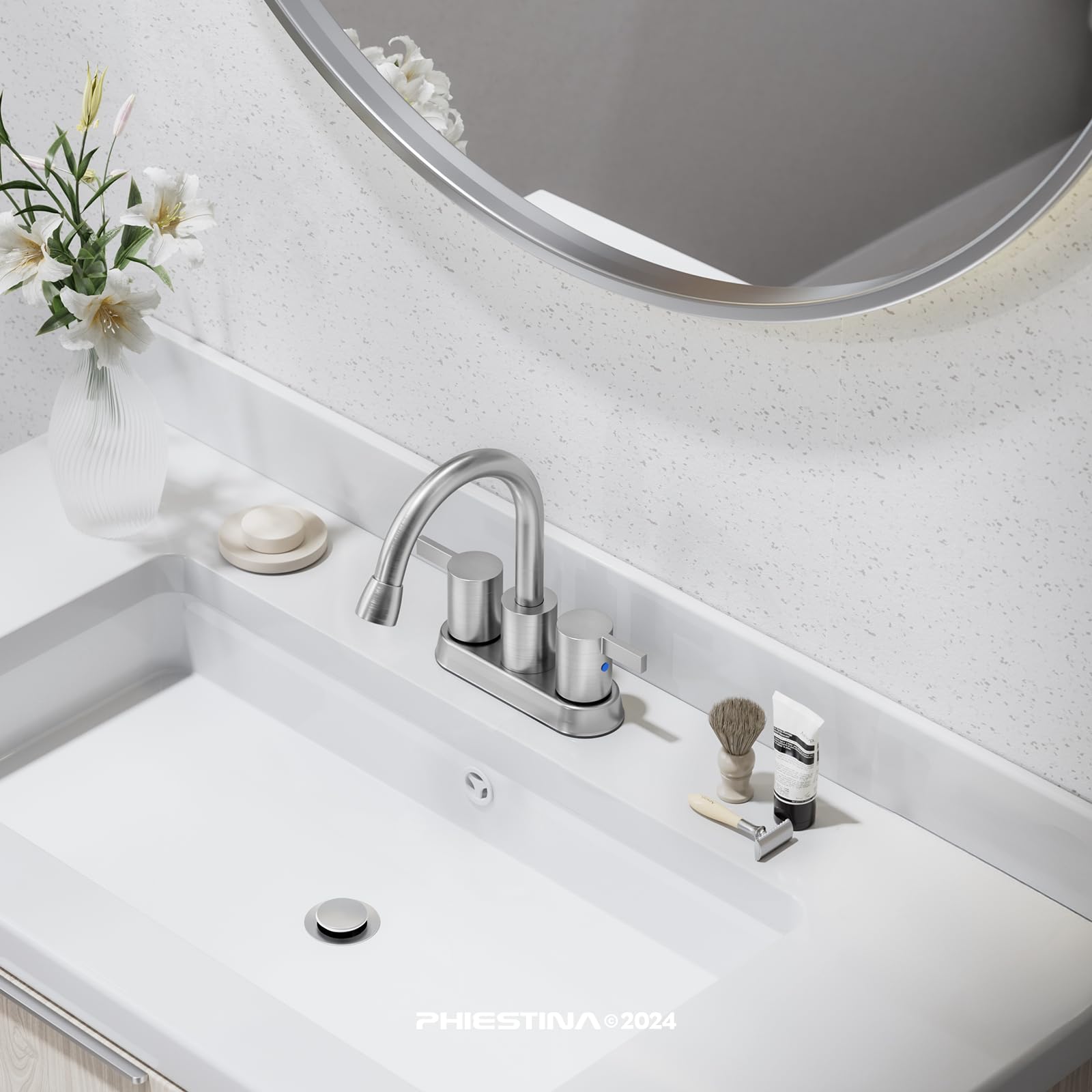Phiestina Pull Down Sprayer Brushed Nickel Bathroom Faucet, 4 Inch 3 Hole Centerset Pull Out Bathroom Sink Faucet,with 360 Swivel Spout, Metal Pop-Up Drain & cUPC Water Supply Lines, BF04011-K01-GBN