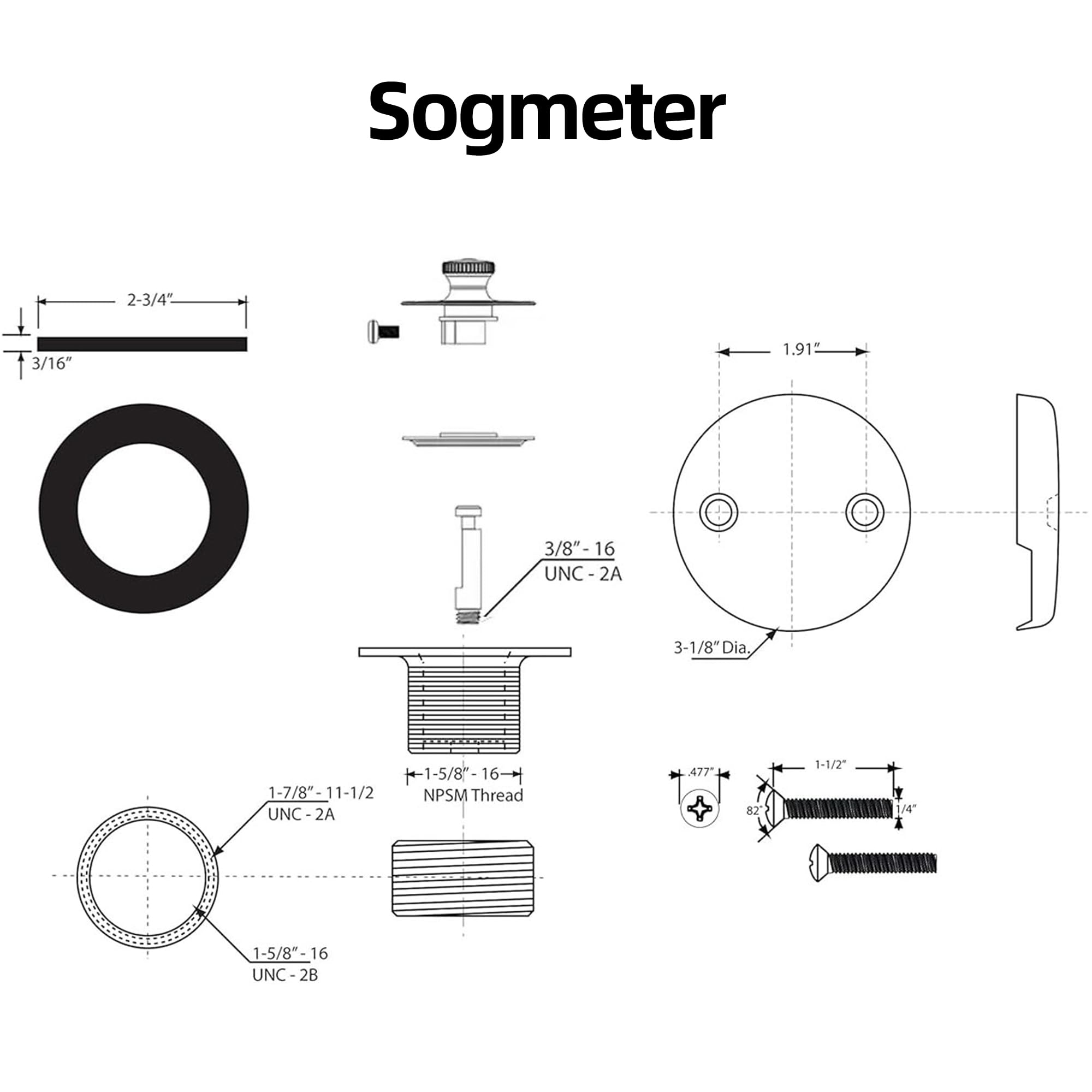 Sogmeter Matte Black Bathtub Drain, Hair Catcher and 2-Hole Overflow Faceplate, 11.5/16 UNC, Lift and Turn Bathtub Drain Replacement, Tub Drain Stopper