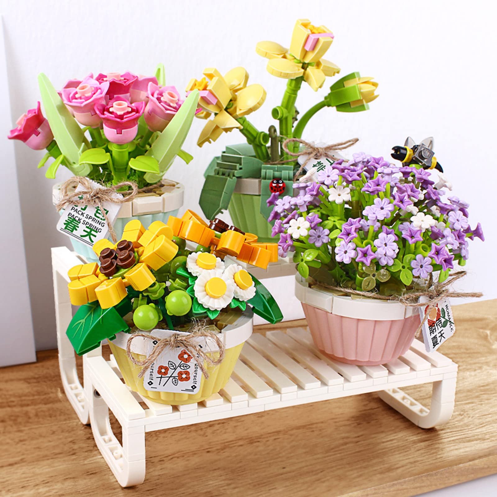 MEIEST Mini Building Blocks Bonsai Plant Model Set,2 in 1 Creative DIY Simulation Particle Flower Succulent Botanical Collection Construction Building Bricks Toy for Kids Adult Home Decor (Spring)