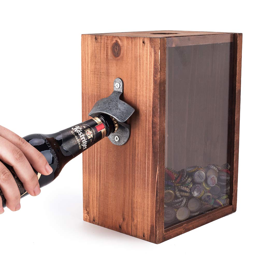 Mealivos Bottle Opener And Cap Saver – Classic Rustic Wood Standing With Beer And Soda Cap Collector,Ideal Gift for Men and Beer Lovers
