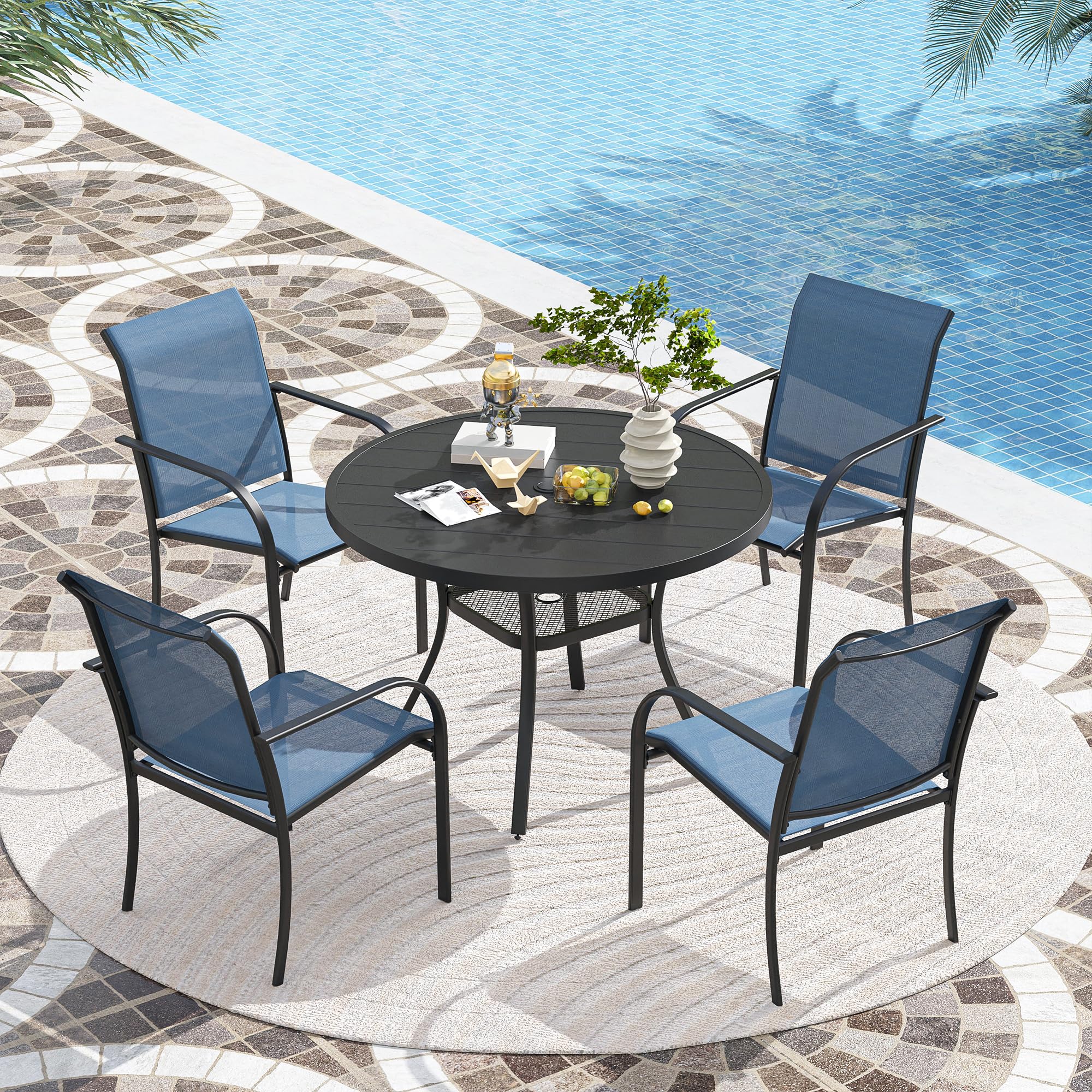 VICLLAX 5 Pieces Patio Round Dining Table and Chairs Set for 4, Outdoor Stackable Dining Chairs and Φ42 Outdoor Dining Table with Adjustable Umbrella Hole for Deck Backyard Garden, Dark Blue & Black