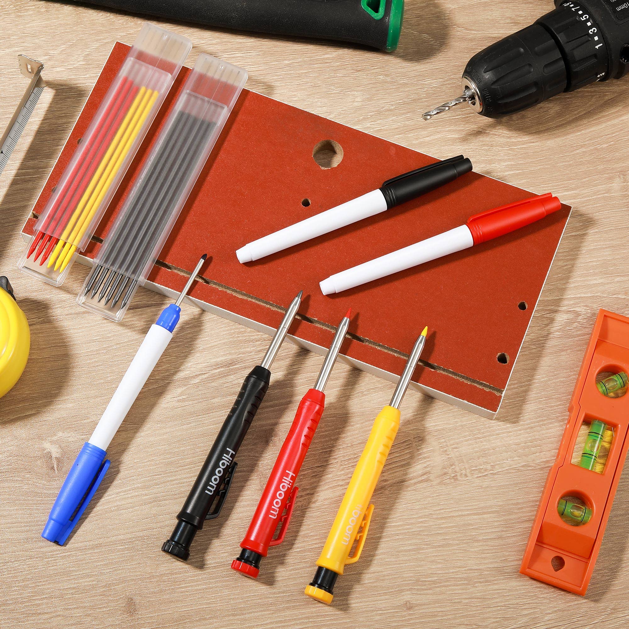 Mechanical Carpenter Pencil Set, 3 Pcs Woodworking Pencil with Built in Sharpener and 12 Pcs Refills, 3 Pcs Long Nose Deep Hole Marker Pen, Scriber Marking Tools for Architect (Red, Black, Yellow)