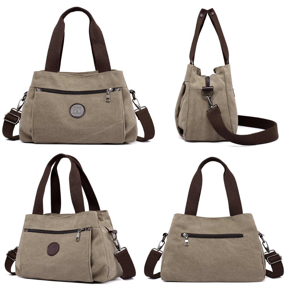 Hiigoo Women's Casual Totes Bag Shoulder Bag Canvas Handbags 3-open Crossbody Bag Messenger Bag (Khaki)