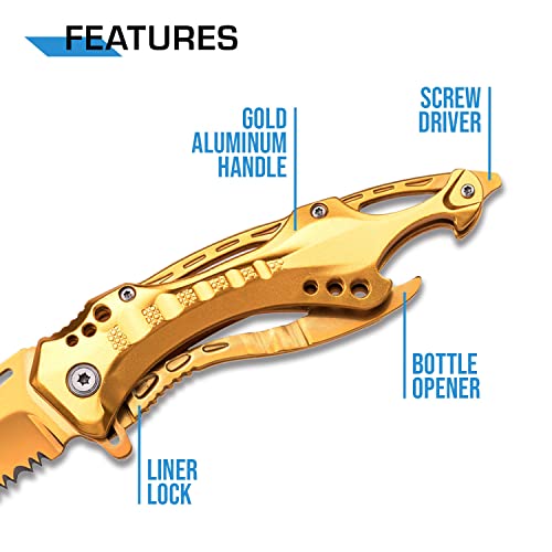 MTech USA β Spring Assisted Folding Knife β Partially Serrated Gold TiNite Coated Stainless Steel Blade, Gold TiNite Coated Aluminum Handle, Pocket Clip, Tactical, EDC, Self Defense- MT-A705GD