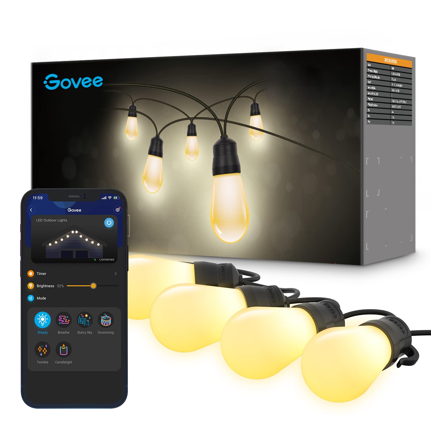 Govee Outdoor String Lights, 96ft WiFi Alexa String Lights with App Control, IP65 Waterproof Outdoor Lights with 30 Dimmable Warm White LED Bulbs for Balcony, Backyard, Party