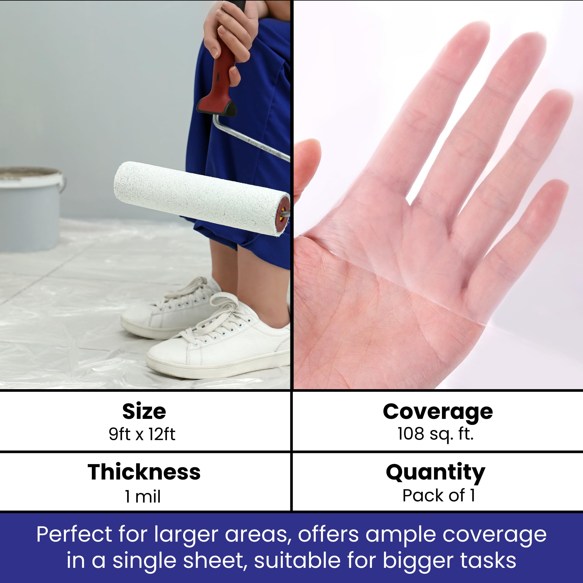 VicMore Clear Plastic Drop Cloth - Water & Dustproof, Odorless Plastic Sheet for Painting, Renovations, DIY Projects - Durable Paint Tarp with 1mil Thickness - Floor Covering & Dust Cover - 9 x 12β