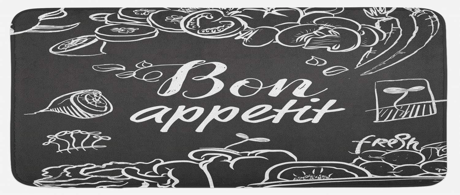 Lunarable Bon Appetit Kitchen Mat, Chalk Sketch on Dark Toned Background Hand Drawn Fruits and Vegetables, Plush Decorative Kitchen Mat with Non Slip Backing, 47" X 19", Charcoal Grey