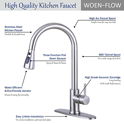 Kitchen Faucet with Pull Down Sprayer, Single Handle High Arc Kitchen Faucets 360 Degree Swivel, Kitchen Sink Faucet with Deck Plate, Stainless Steel Brushed Nickel