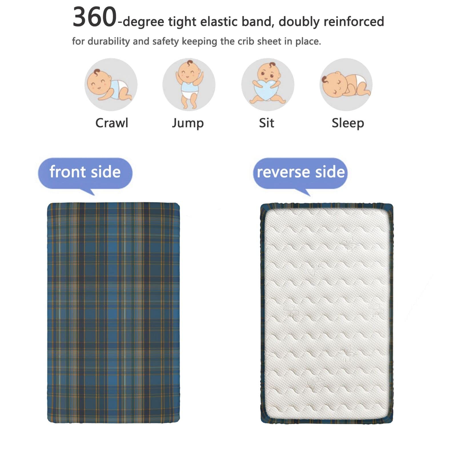 Plaid Themed Fitted Mini Crib Sheets,Portable Mini Crib Sheets Ultra Soft Material-Baby Sheet for Boys Girls,24β x38β,Pale Teal Marigold Blue