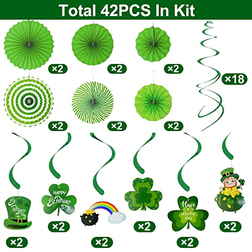 TURNMEON 42 Pack St. Patrick's Day Party Decorations Green Paper Fans Hanging Ceiling Foil Swirls Lucky Shamrocks Clover Leprechaun Cutout St.Patrick's Day Decorations Indoor Home Irish Party Supplies