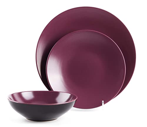 HomeVss Stoneware Two-Tone Colors Life 18pc Dinner Set,Outside Shiny Black + Inside Matte Glaze Plum