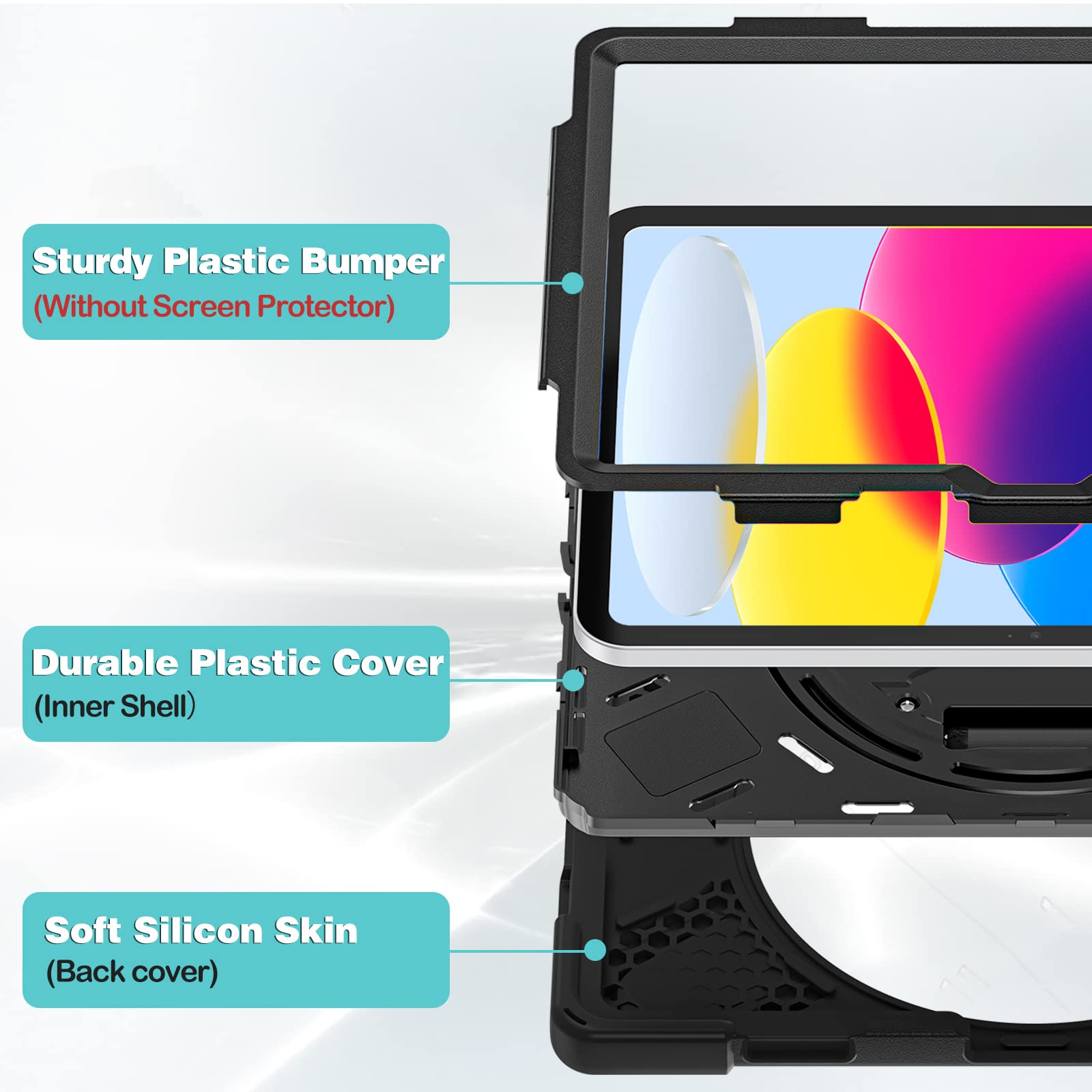 ProCase Heavy Duty Case for iPad 10th Generation 10.9 Inch 2022, Rugged Shockproof Cover Rotating Kickstand with Handle Holder Shoulder Strap for 10.9" iPad 10 –Black