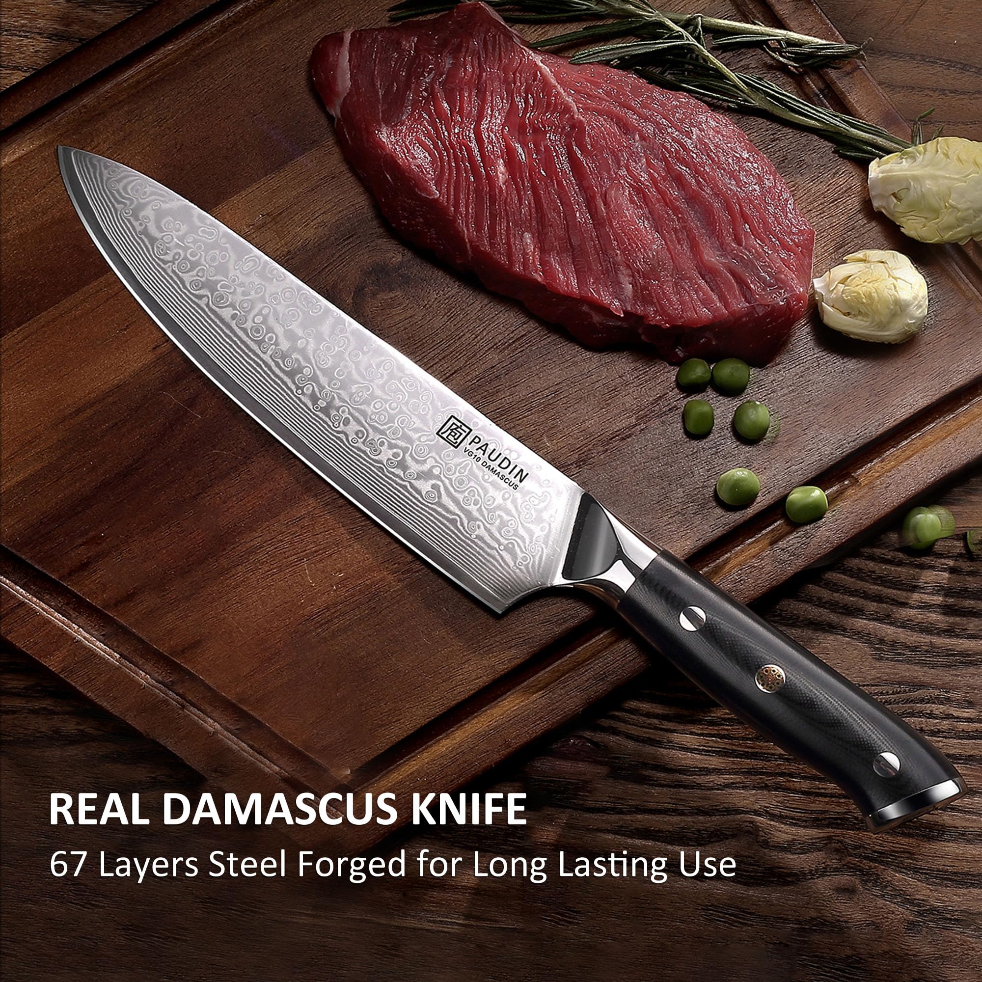 PAUDIN Damascus Chef Knife, 8 Inch Kitchen Knife, 67 Layers Damascus Steel Knife Japanese VG10 Core, Professional Chefs Knife with Ergonomic G10 Handle