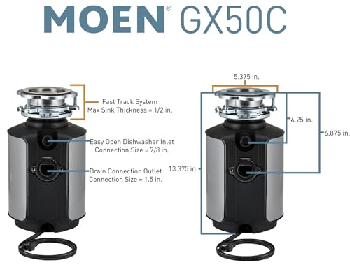 Moen GX50C Disposer Prep Series 1/2 HP Continuous Feed Garbage Disposal with Sound Reduction, Power Cord Included