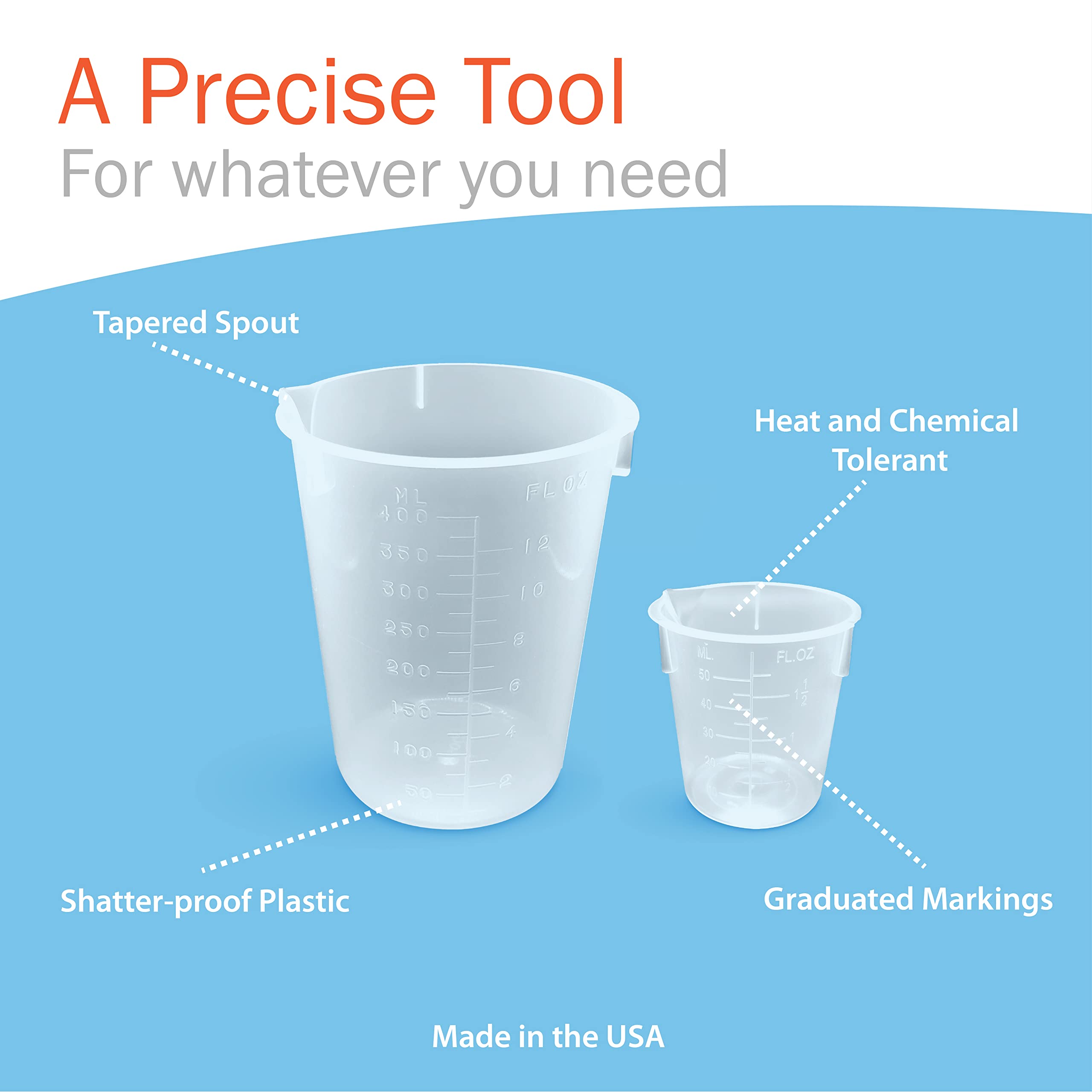 Plastic Beaker and Funnel Set of 8, Graduated Polypropylene Beakers in 600ml, 400ml, 250ml, 150ml, 100ml, 50ml & Funnels in 67mm and 58mm. Ideal for Laboratory, School or at Home.