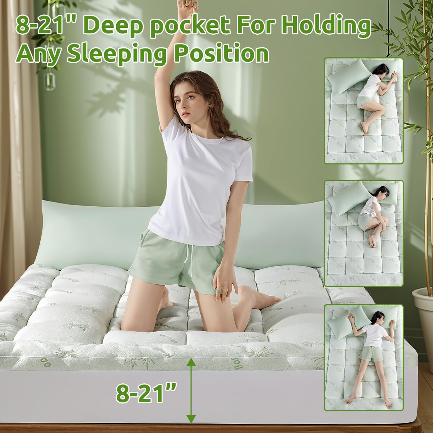 Shilucheng Cooling King Mattress Topper, Extra Thick Down Alternative Fill Washable, Soft Mattress pad for Back Pain with 8-21" Deep Pocket(Green,78"x80")
