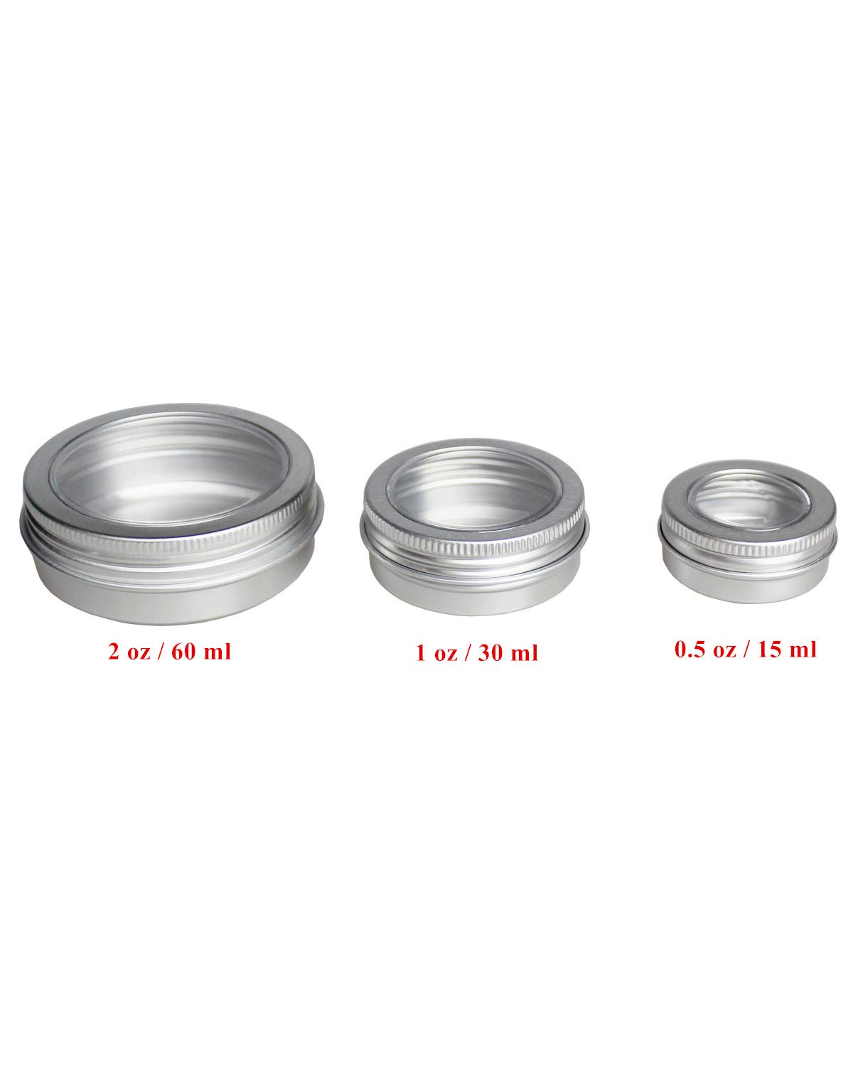LJY 48 Pieces Round Metal Tins Empty Aluminum Cans Storage Containers Screw Lids with Clear Window, Mixed Sizes