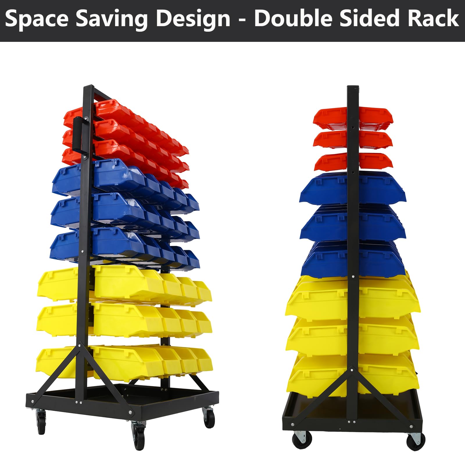 Sybrioka 90 Parts Bin Rack Storage Unit System Steel Shelf, Mobile Organizer Plastic Bins Garage Shelving Tool Shop, 4 Locking Wheels, Floor Mount for Men's Gift