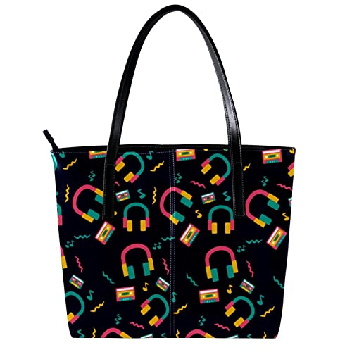 Neon Funky Head Phone Background Tote Bag for Women Girls, Leather Shoulder Bag with Inside Pockets, Zip Top Handbags