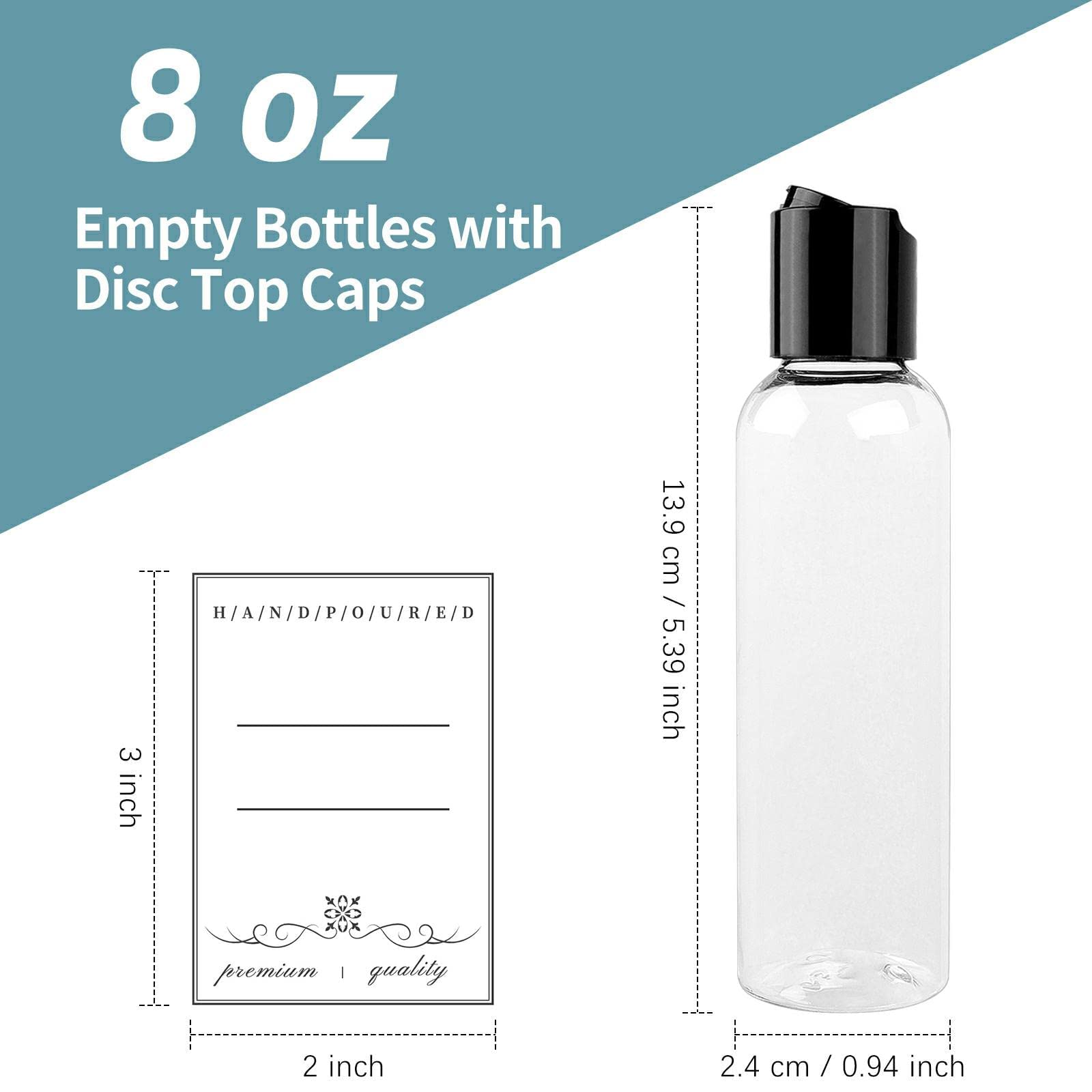 Qeirudu 8 oz Clear Plastic Empty Bottles with Disc Caps and Labels, 12 Pack Refillable Travel Containers Squeezable Lotion Bottles for Cream Shampoo Conditioner