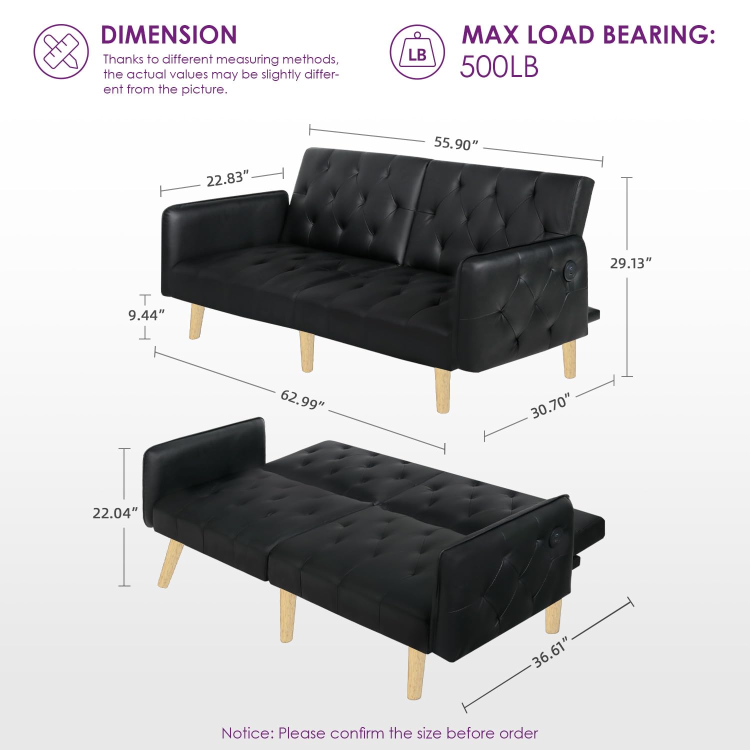 TYBOATLE 65“ Sofa Bed w/ 2 USB,Convertible Futon Tufted Small Adjustable Folding Couch Loveseat, Modern Mid Century Faux Leather Sleeper Sofa for Living Room,Bedroom,Apartment,Office (Black) (Black)