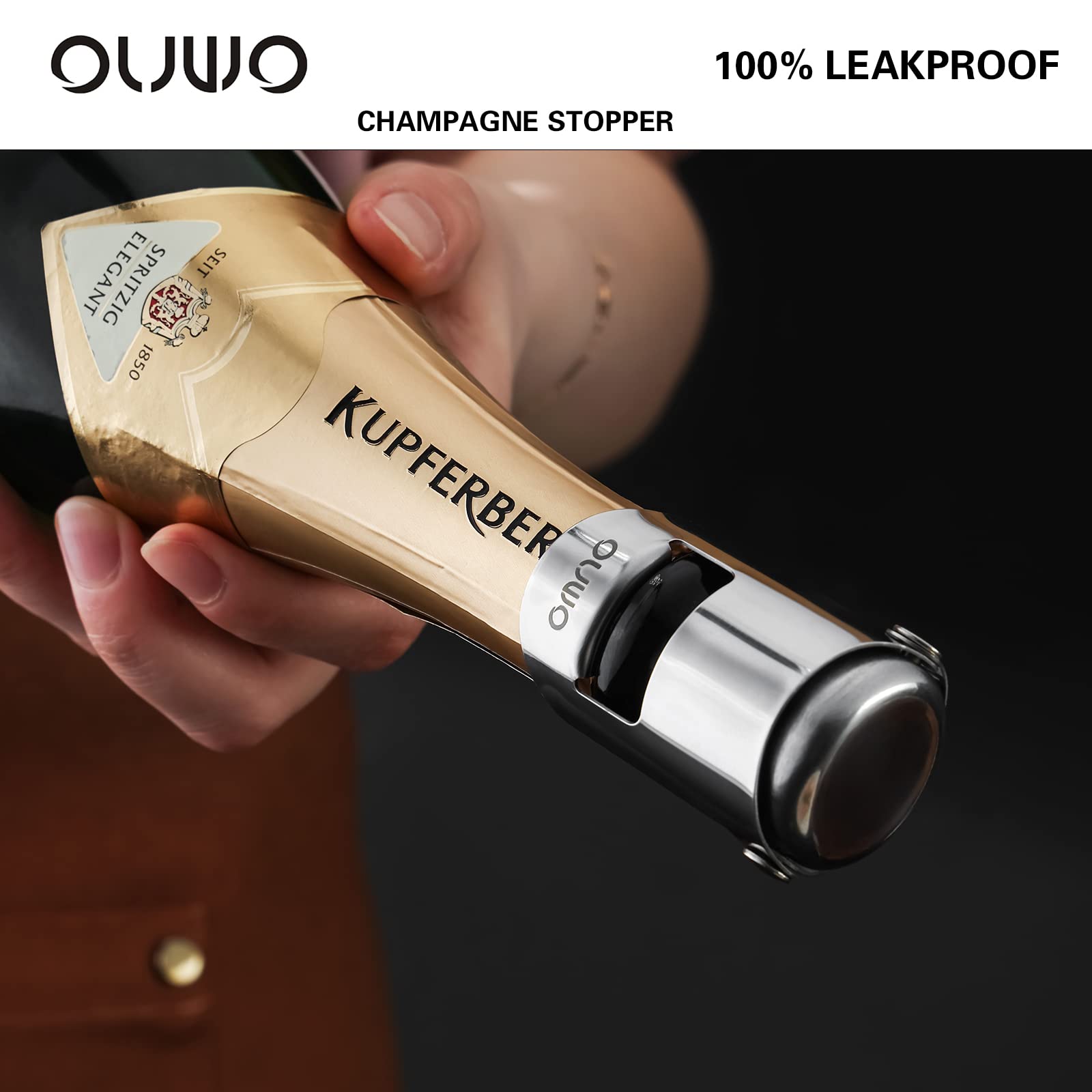 OUWO Champagne Stopper 6 Pack Stainless Steel Champagne Save with Food Grade Silicone,Leak-Proof Bubble Retaining Saver,Suitable for Champagne Prosecco Cava and Sparkling (Silver)