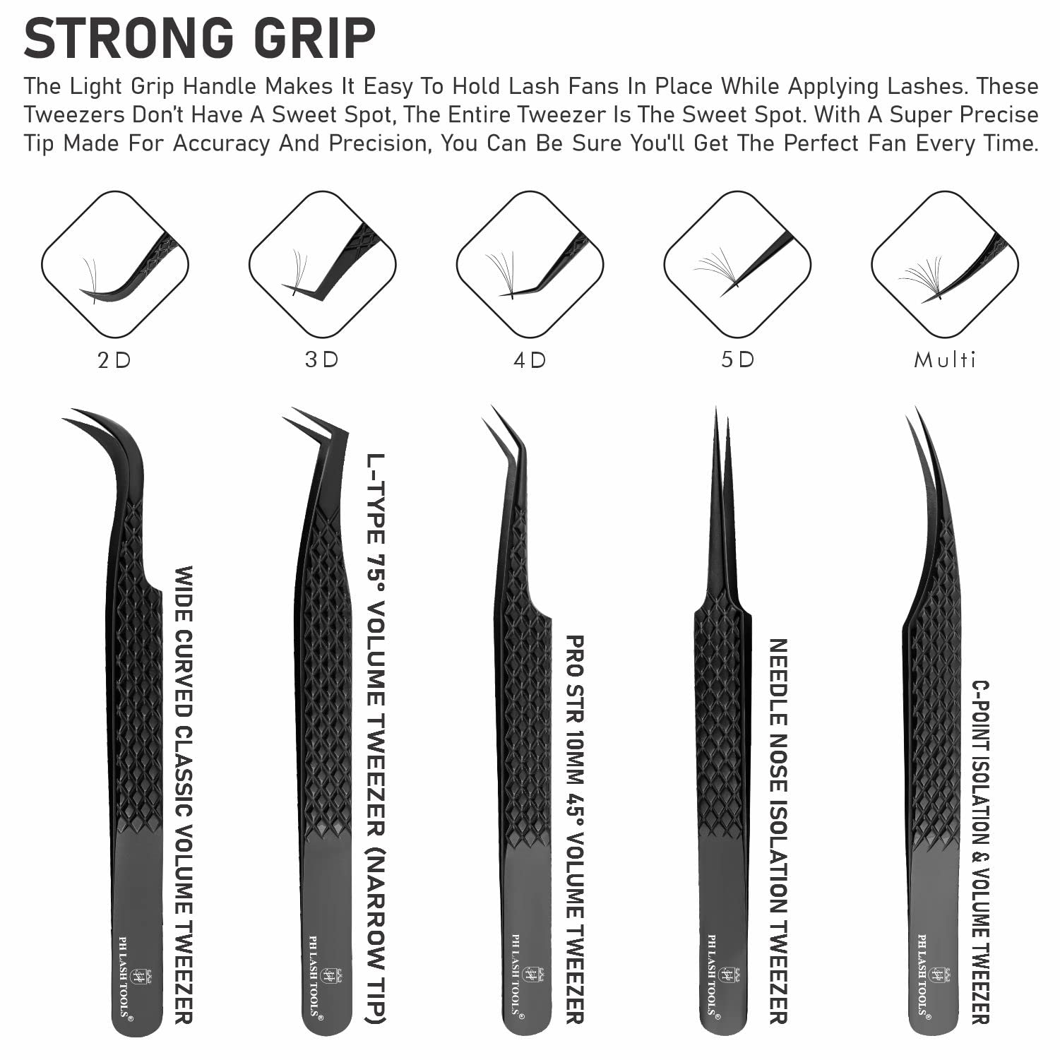 PHLASH TOOLS Pack of 5 Eyelash Extension Tweezers set. Japanese Stainless Steel Eye Lash Extensions Kit with Curved, Straight, C-Point Isolation, L-Type 75°, Wide Tip, 45° Volume Eyelash Tweezers