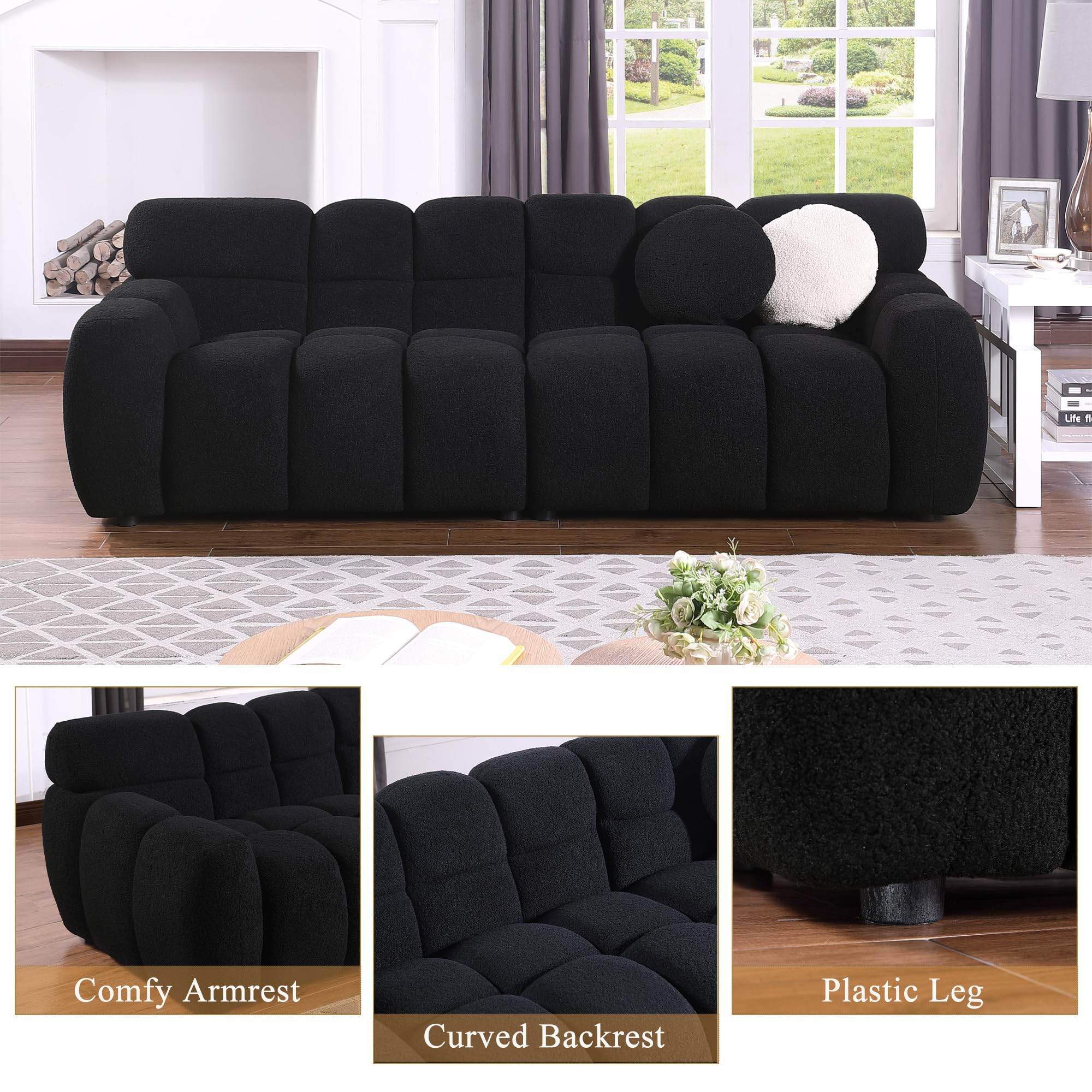 Tmsan 86.5" Boucle Cloud Sofa Couch, Modern Tufted 3 Seater Sectional Sofa Set for Living Room, Comfy Upholstered Couch Bed with 2 Accent Pillows for Bedroom Apartment Office