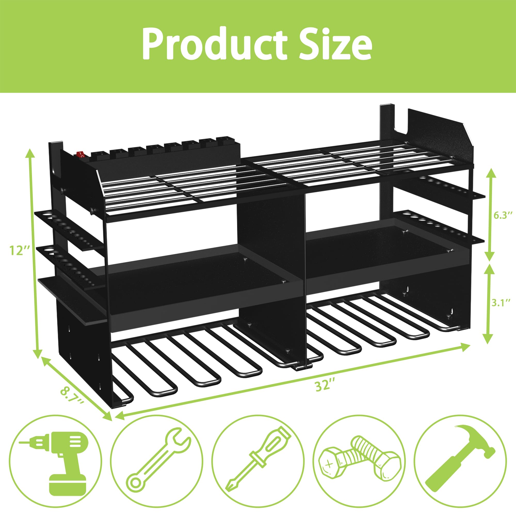 Spaclear Power Tool Organizer with Charging Station,3 Layer Holders Heavy Duty Metal Power Tool Storage Rack with 8 Drill Holders, Garage Tool Organizer and Storage with 8 Outlet Power Strip