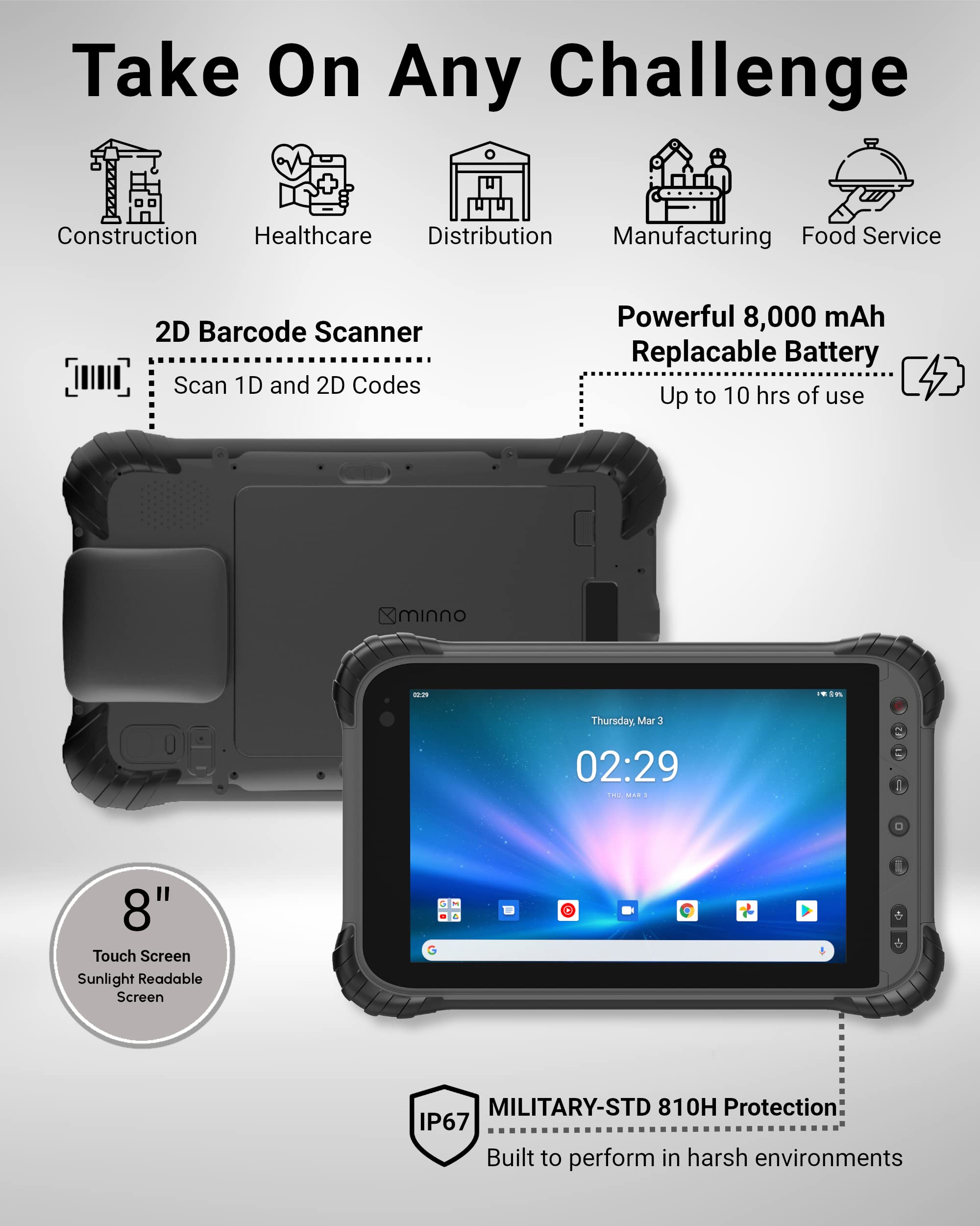 Minno Maverick 8" Rugged Android 10 Tablet | 4GB/64GB | LTE (Unlocked for Several Carriers) | 2D Scanner (A08M08- Maverick A8 Pro+2D Scanner)
