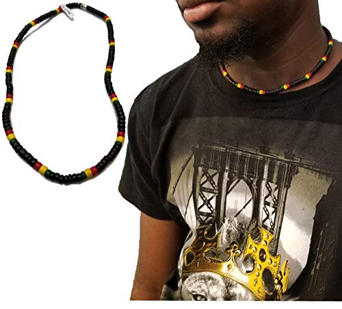 PDTXCLS Rasta Wooden Coconut Bead Reggae Beach 18" Necklace Soho Coco Shell Surfer Necklaces - 8mm