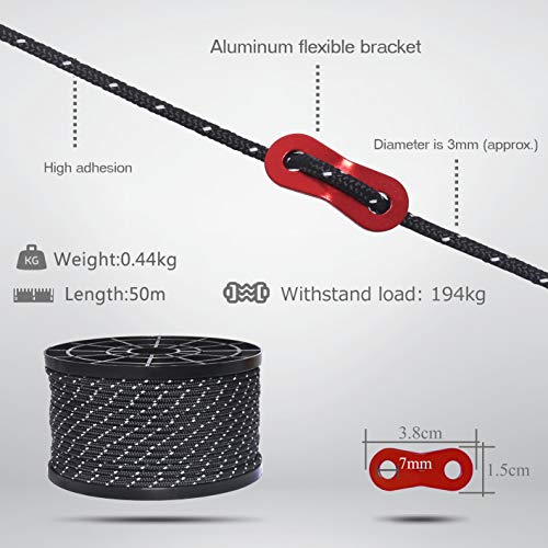 HIKEMAN 50m Reflective Guyline Solid Braid Nylon Camping Rope with Aluminum Adjuster Cord Tensioner Tent Accessory for Outdoor Travel,Hiking,Backpacking and Water Activities (Yellow, 5mm)