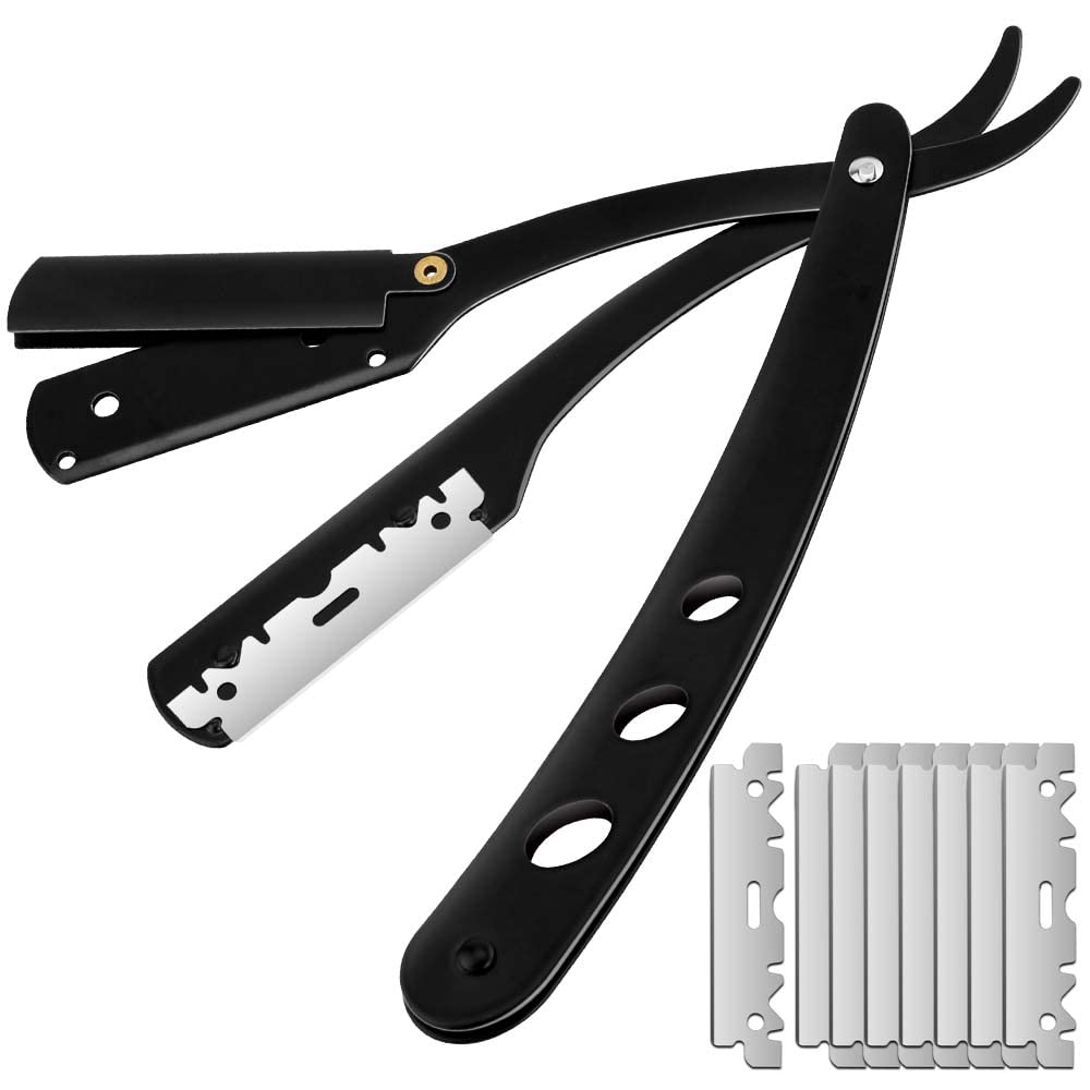 Professional Straight Edge Barber Razor for Men with 100 Single Blades Premium Stainless Steel Shaving Razor for Moustache, Beard Shaper & Trim Side Lines (Black)