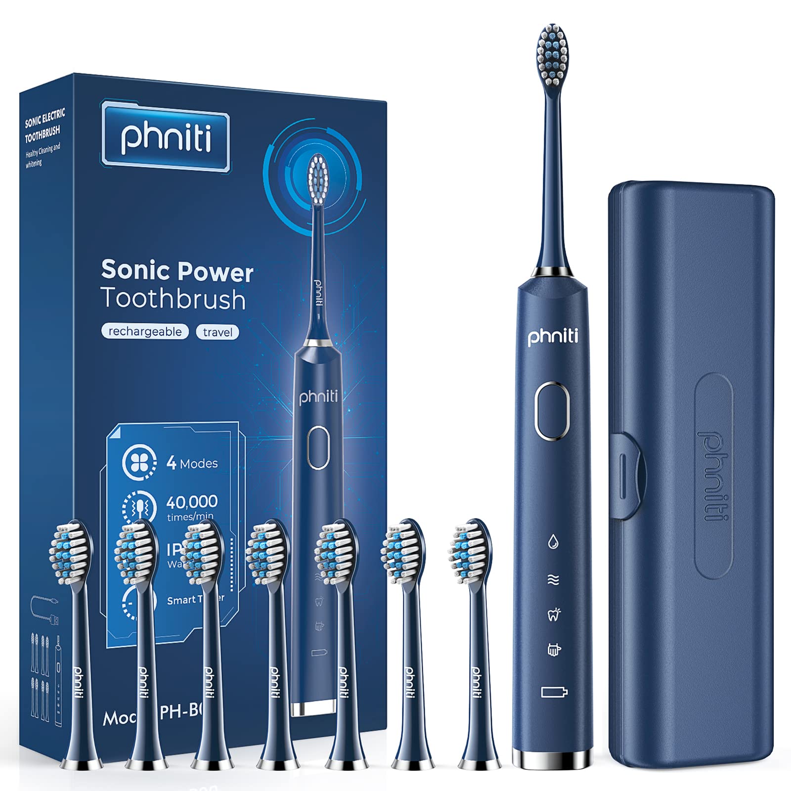 Phniti Electric Toothbrushes for Adults, Sonic Toothbrush with 8 Brush Heads,3 Hours Fast Charge,4 Modes,40,000VPM,2 Mins Timer,IPX7 Waterproof(Blue)