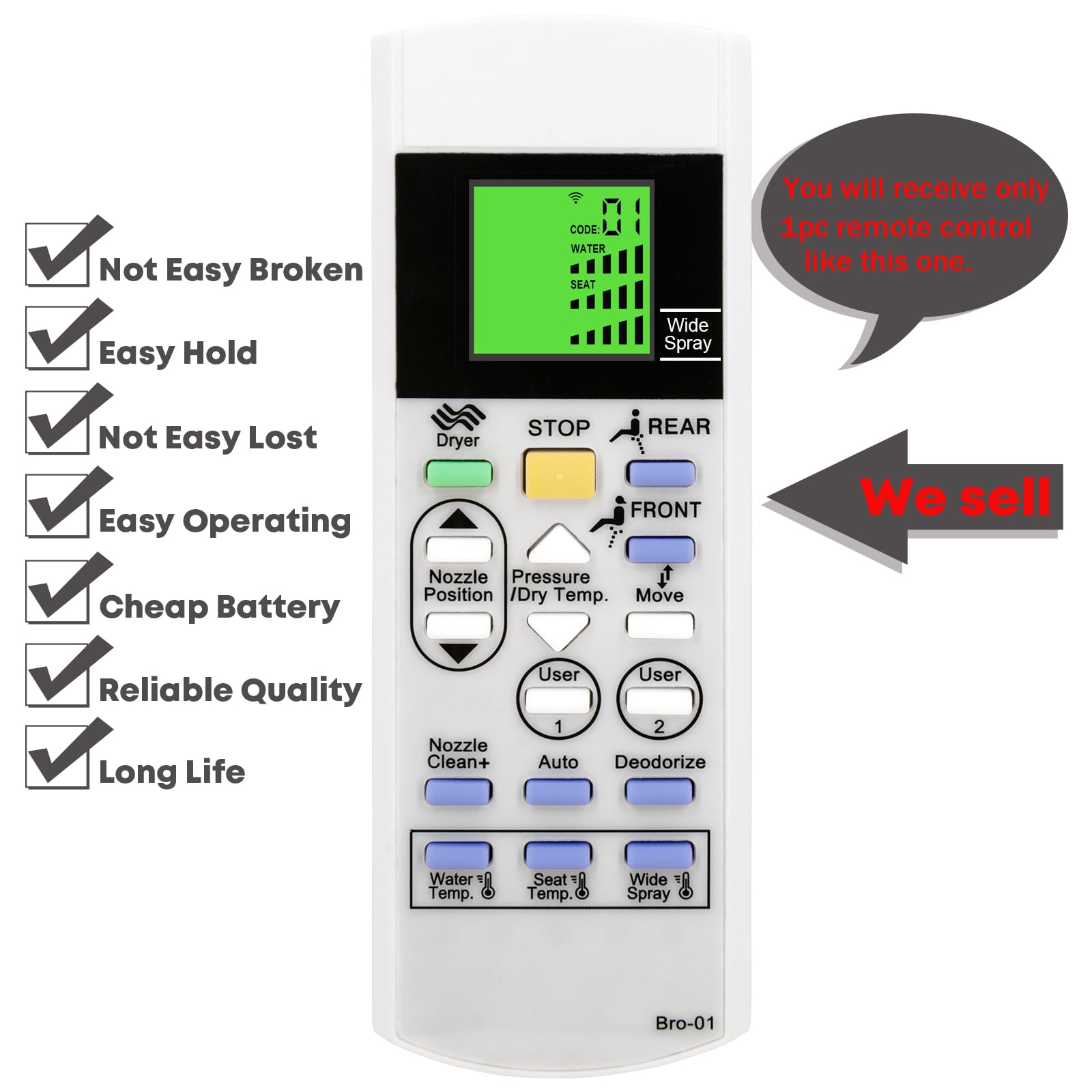 XIVUE Replacement Remote Control for Brondell Bidet Toilet Seat Swash S1200 (Also Work with S1400 S1000 S900 S300 CL825) with Mounting Bracket, White, B620240102B05(Bro-01_zhijia)