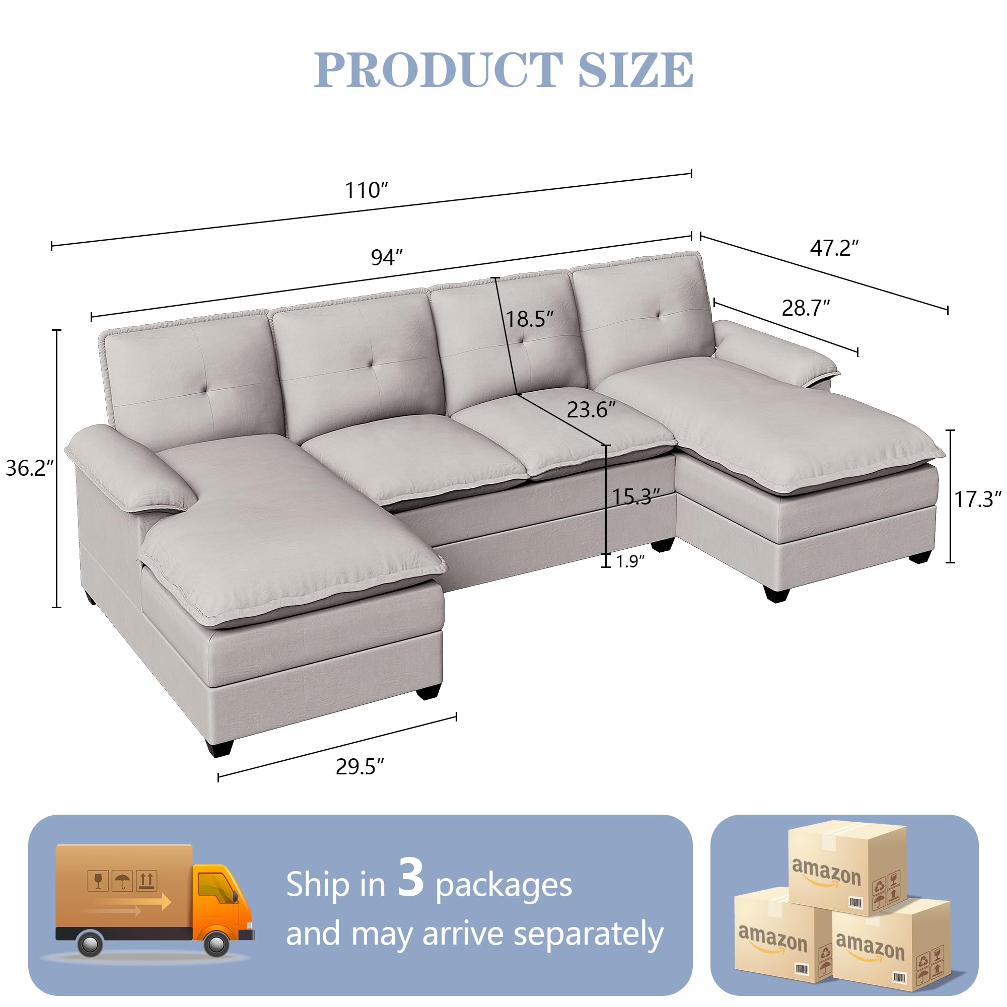 Shintenchi 110" Modular Sectional Couches for Living Room, U-Shaped Sofa Couch with Double Chaise, 4 Seat Sofa Sets with Thick Cushion & Soft Backrest, Creamy White