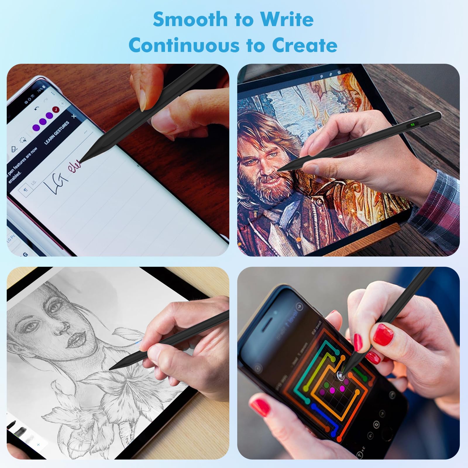 MoKo Stylus Pen for Touch Screen, Active Universal Stylus Pen Compatible with iPad/iPhone/Samsung/Lenovo/Xiaomi and Other iOS/AndroidSmartphoneandTabletDevicesTabletPenwithPowerDisplaySilver