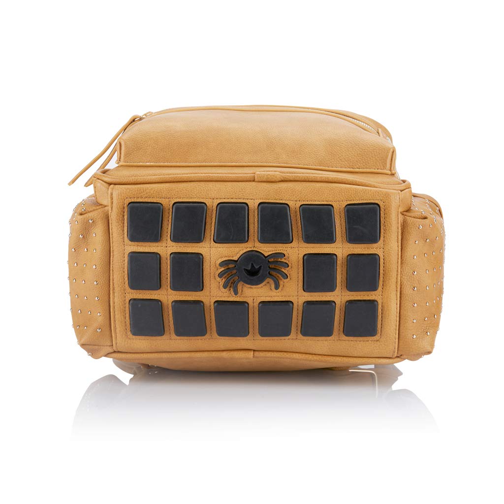 Itzy Ritzy Chelsea + Cole Mini Diaper Bag Backpack - Studded Mini Backpack with Changing Pad, 8 Pockets, Rubber Feet & Tassel - Caramel with Sweetheart Print Interior and Gold Hardware