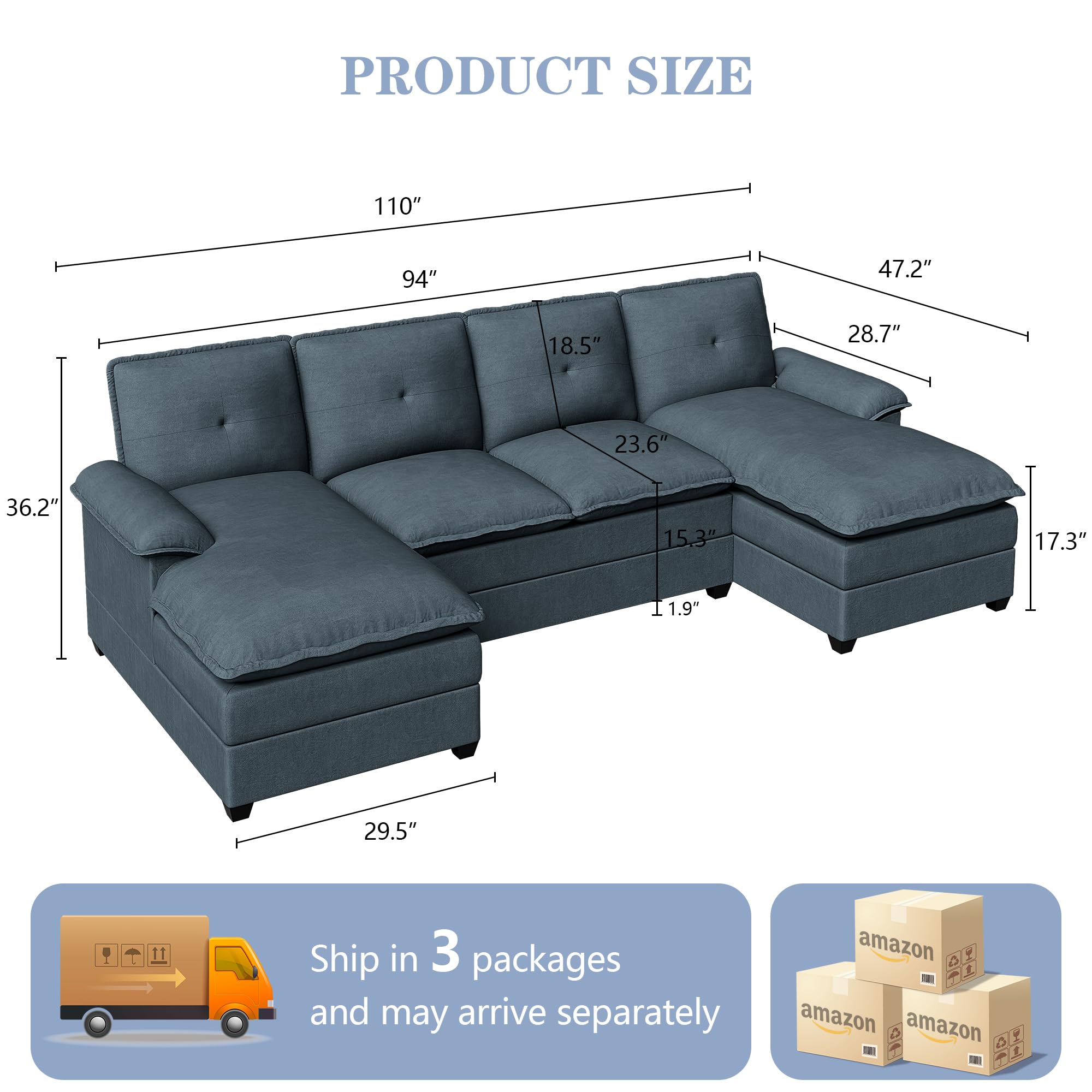 Shintenchi 110" Modular Sectional Couches for Living Room, U-Shaped Sofa Couch with Double Chaise, 4 Seat Sofa Sets with Thick Cushion & Soft Backrest, Dark Grey