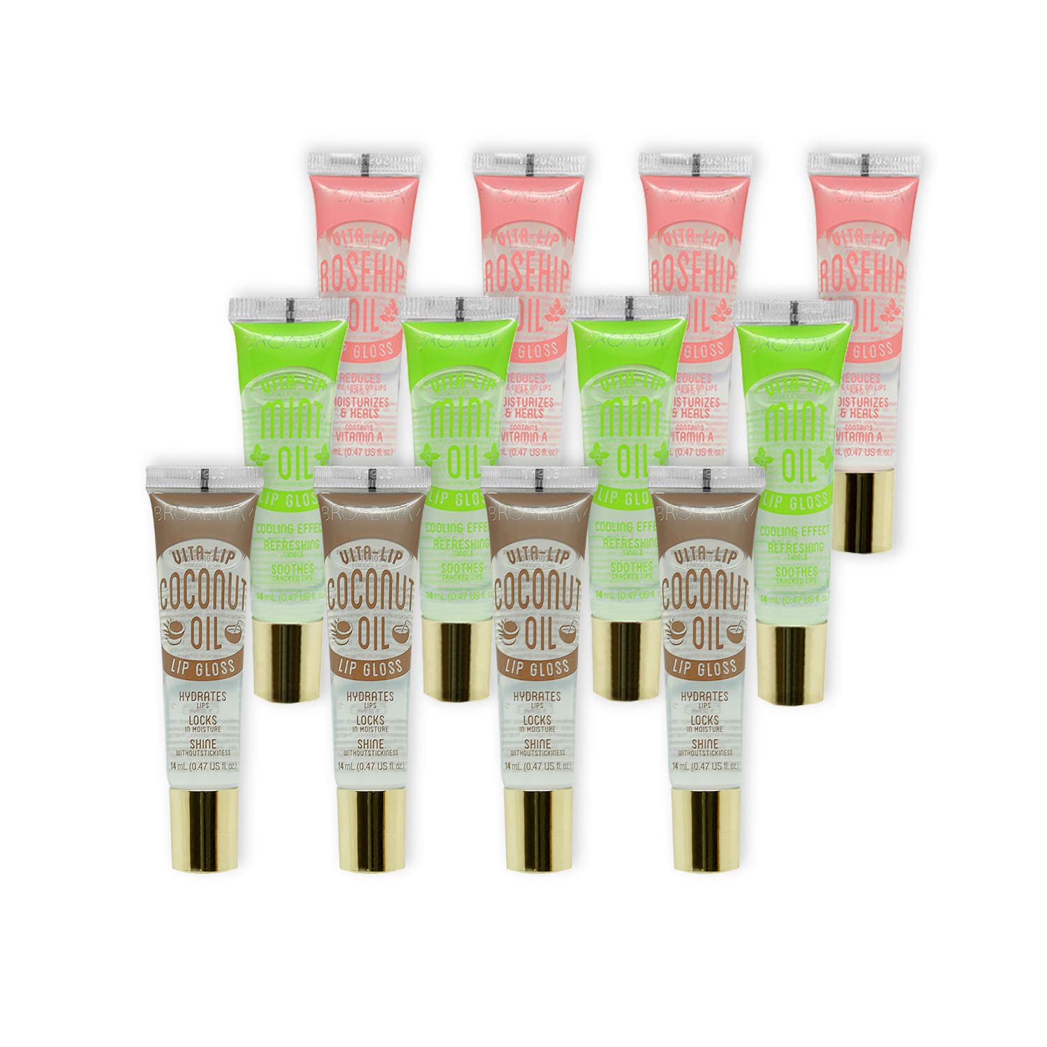KISS Broadway Clear Lip Gloss 0.47oz/14ml 12Pcs (Mint, Rosehip, Coconut Oil)