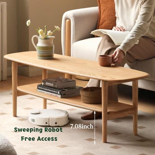 Toderoy Small Oval Coffee Table with Storage, Oak Wood Coffee Table for Living Room, 2-Tier Small Coffee Tables for Small Spaces - 15.75" D Modern Coffee Table (47.24W x 15.75" D x 16.53" H)