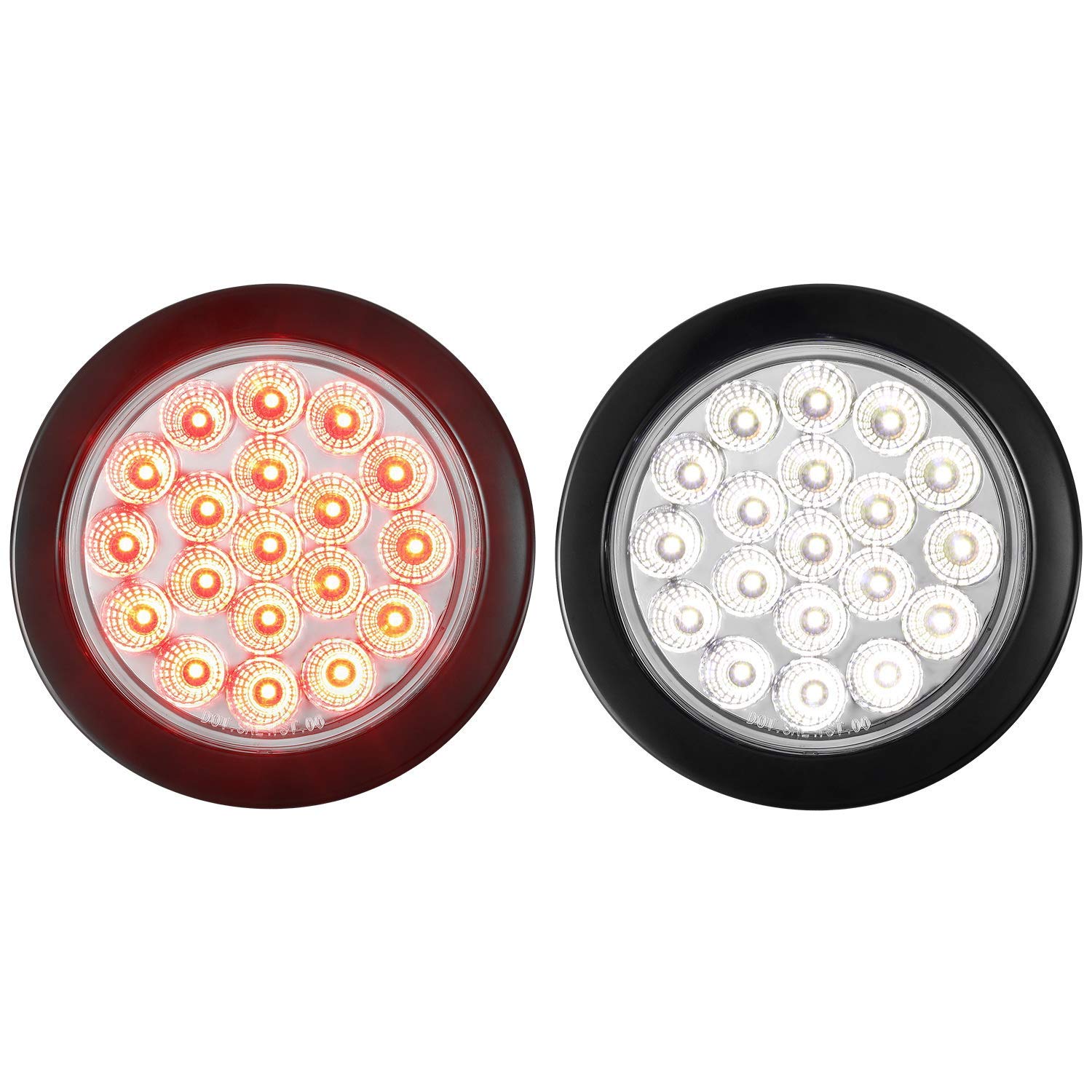 Partsam 2Pcs 4 Inch Round Red Stop Turn Tail Lights and White Backup Lights Kit 19 Diodes w/Rubber Grommets & 3-Prong Wire Pigtails, Red/White Round Led Truck Trailer Tail Lights and Reverse Lights
