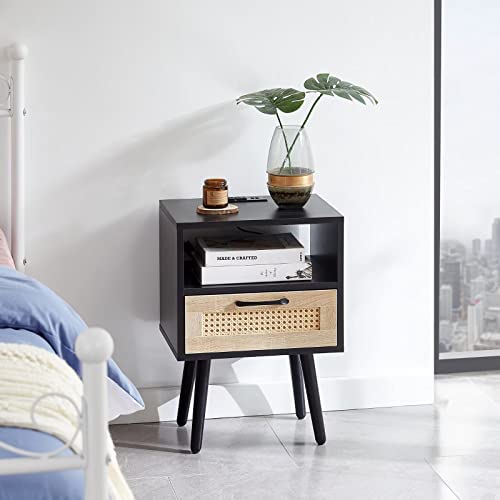 Plawden Rattan End Table with Power Outlet & USB Ports Set of 2, 15.75" Small Nightstand Drawer and Solid Wood Legs, Side Table for Living Room, Bedroom, Black
