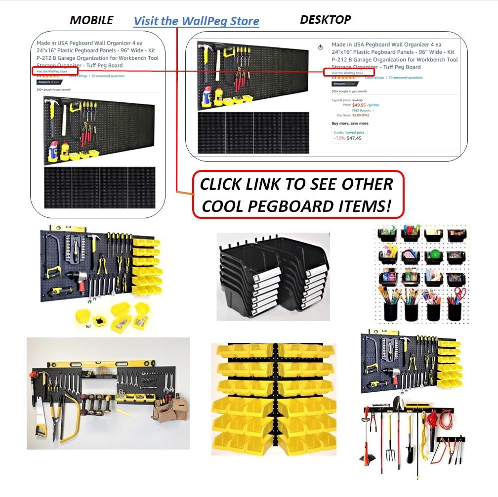 WallPeg - Made in USA - Pegboard Organizer System, Peg board (PK-2-3-15) Kit with Pegboard Bins, Hooks, Peg Board, Pegboard Wall Storage System (3 Tracks- 15 Bins)