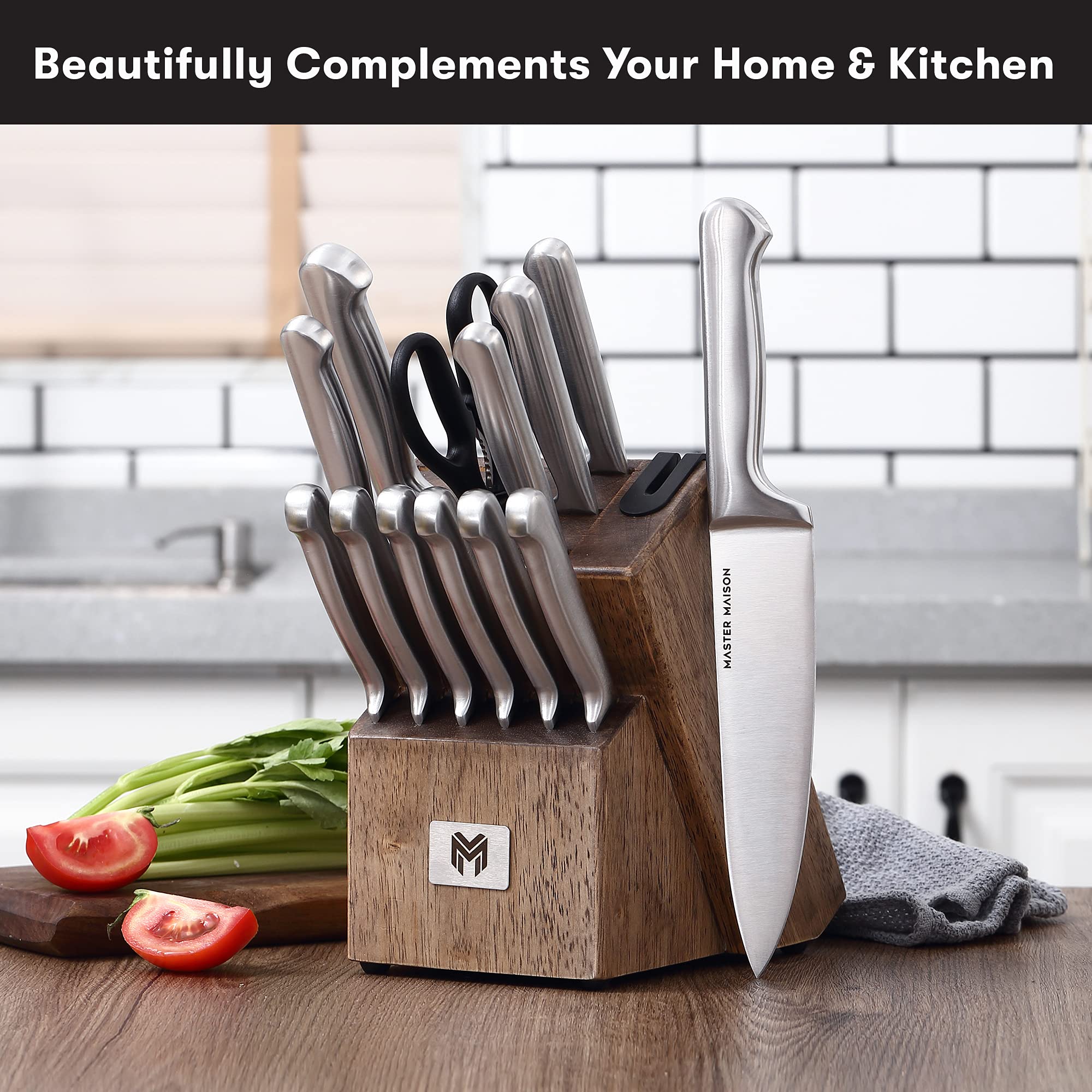Master Maison Stainless Steel Kitchen Knife Set With Knife Block & Bonus Cleaver | German Stainless Steel Knives With Knife Sharpener & 6 Steak Knives | Butcher Block Knife Sets For Kitchen