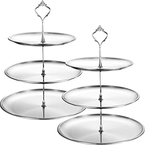 Set of 2 Cupcake Display Stands 3 Tier Serving Tray Platters Stainless Steel Cup Cake Tower for Birthday Party Wedding Cakes Dessert Cookie Candy (Silver)