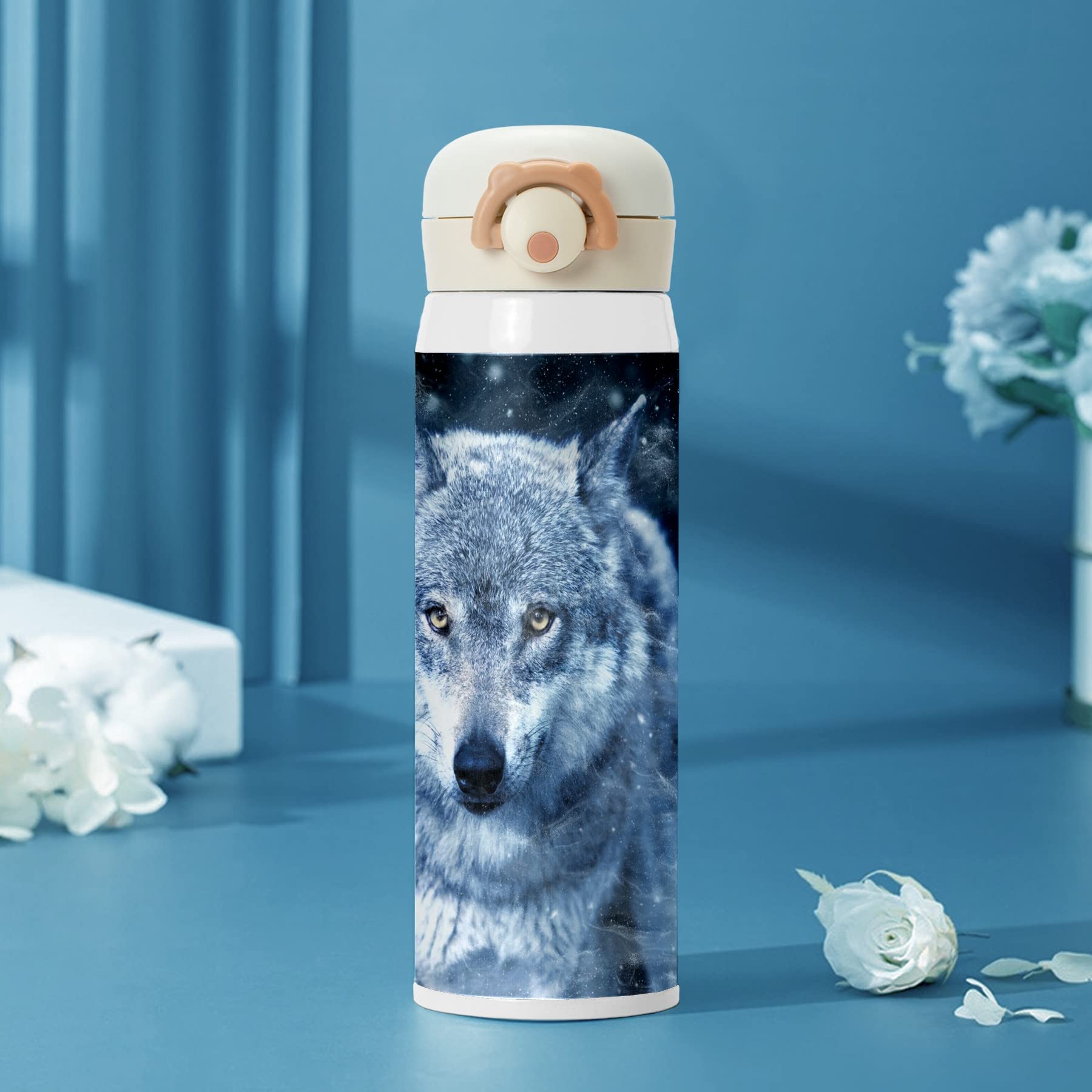 Kids Water Bottle Wolf Canis Lupus Eyes View Stainless Steel Travel Mug for School Lunch Vacuum Insulated Cups Flask with Locking Push-Button Lid (17 oz)