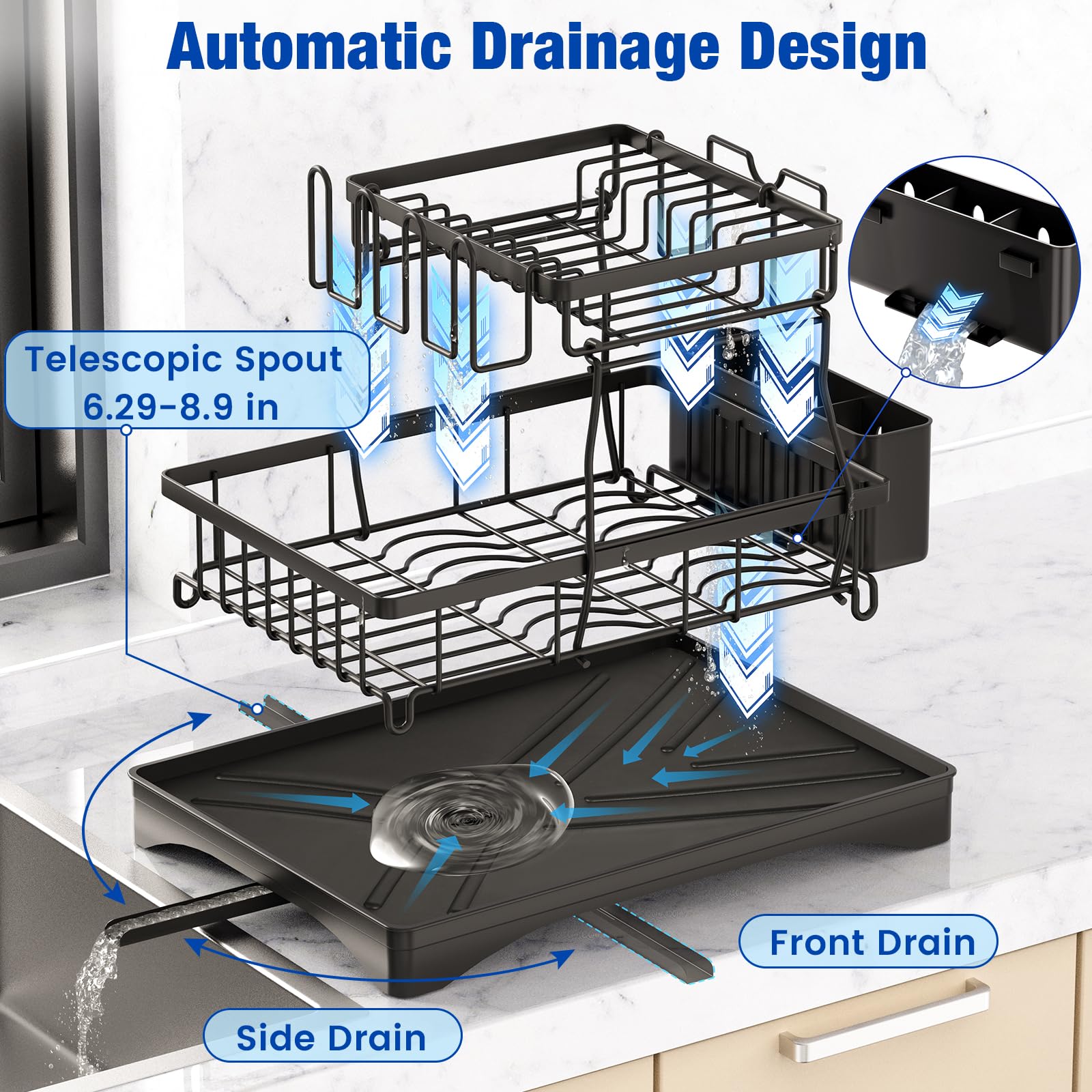 IVMAIE 2 Tier Dish Drying Rack, Auto-Drain Dryer Racks with 270° Rotating Spout, Stainless Steel Large Dish Drainers with Drainboard, Utensil Holder, Cutting Board Holder for Kitchen Counter, Black