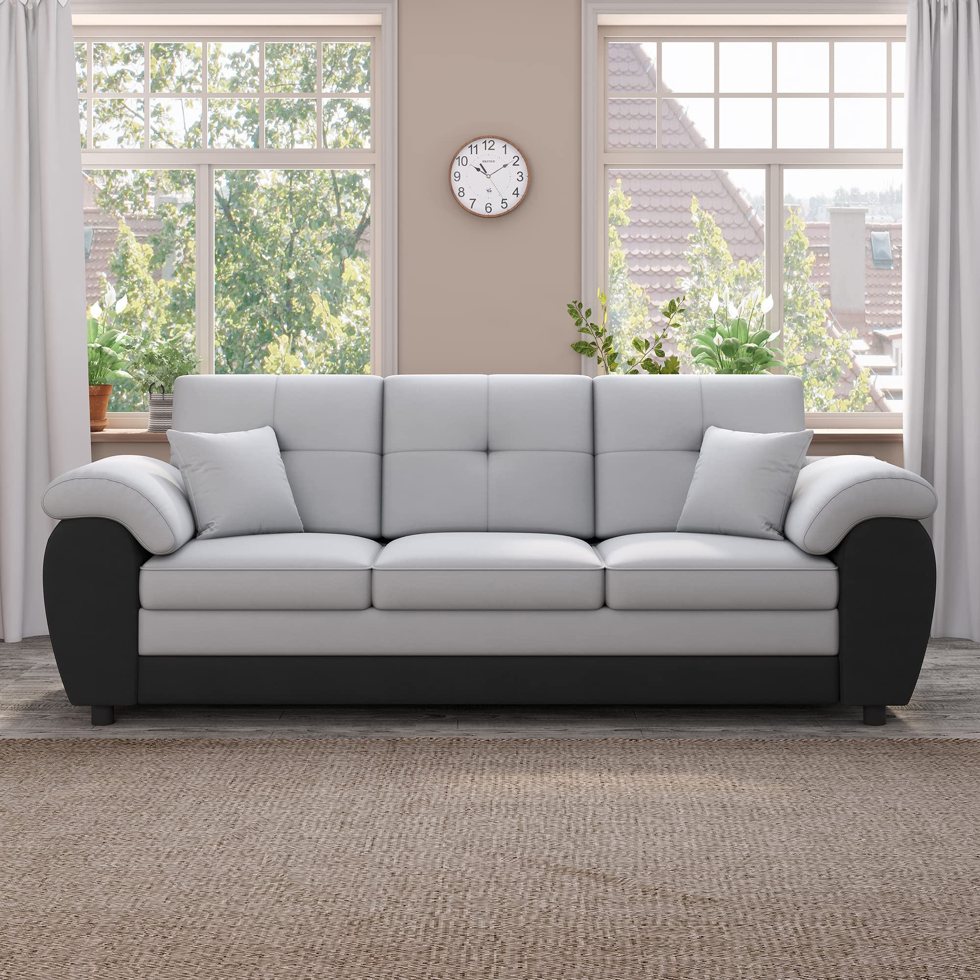 PHOYAL 3 Seater Sofa, 81.8β Modern Futon Sofa Bed Mid-Century Sofa with Two Pillows Velvet Upholstered Sofa, PU Armrest and Base for Living Room, Bedroom, Apartment, Grey
