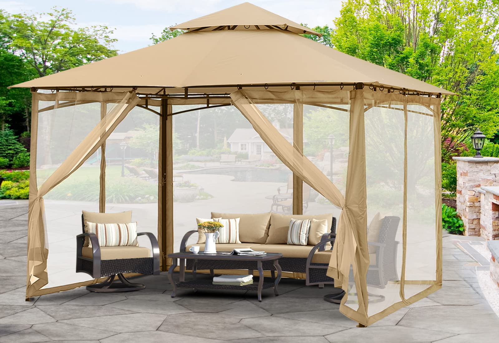 MASTERCANOPY Outdoor Garden Gazebo for Patios with Stable Steel Frame and Netting Walls (10x10, Beige)
